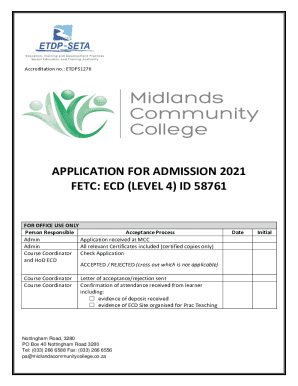 Fillable Online application for admission 2021 fetc: ecd (level 4) id ...