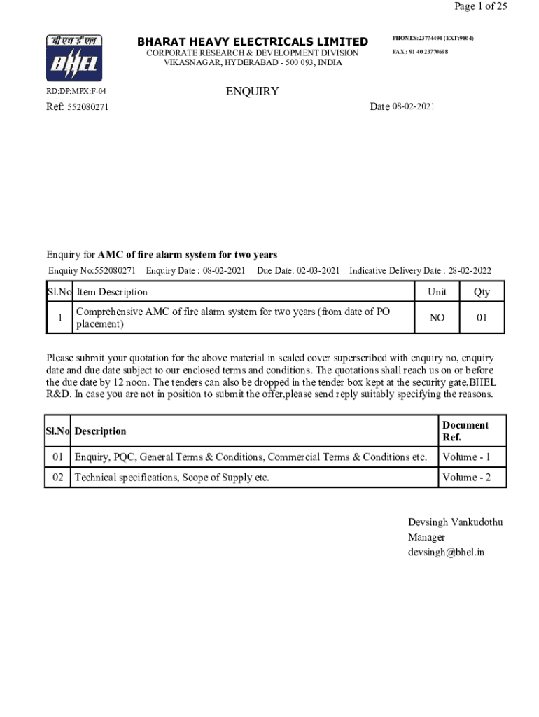 Fillable Online Enquiry for AMC of fire alarm system for two years Fax Email Print - pdfFiller