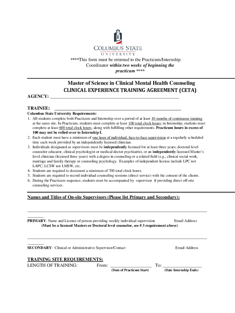 Fillable Online clinical experience training agreement (ceta) Fax Email Print - pdfFiller