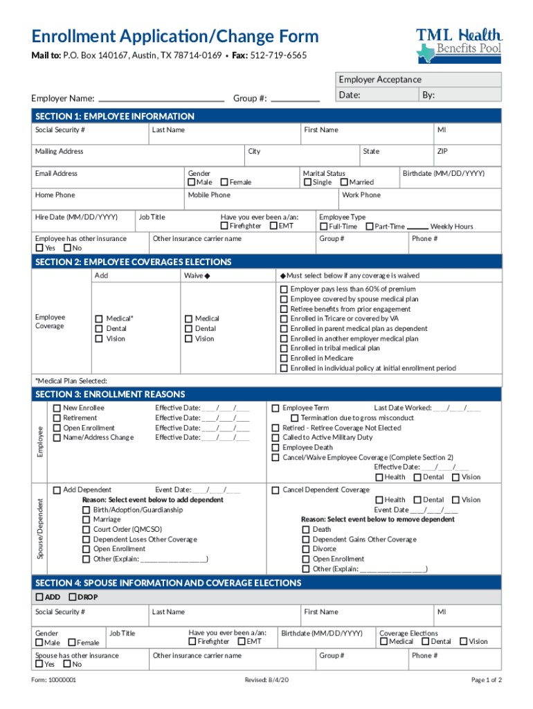 Fillable Online Enrollment Application / Change Form - TX Health Benefits Fax Email Print ...