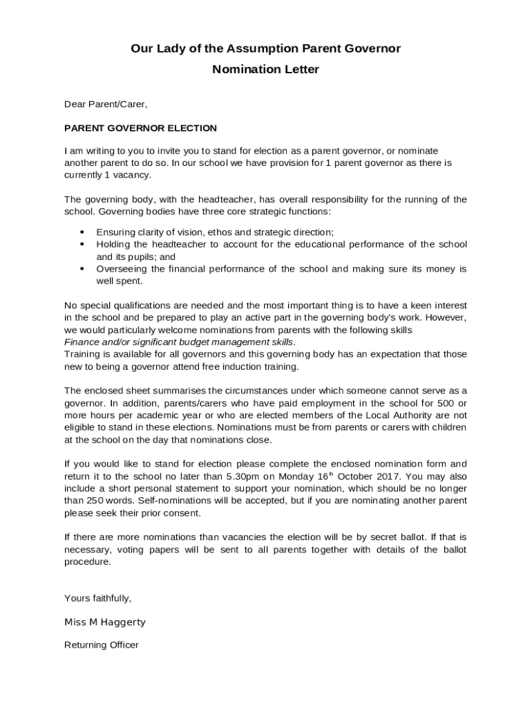 Parent Governor Election Letter and Nomination ... Doc Template | pdfFiller