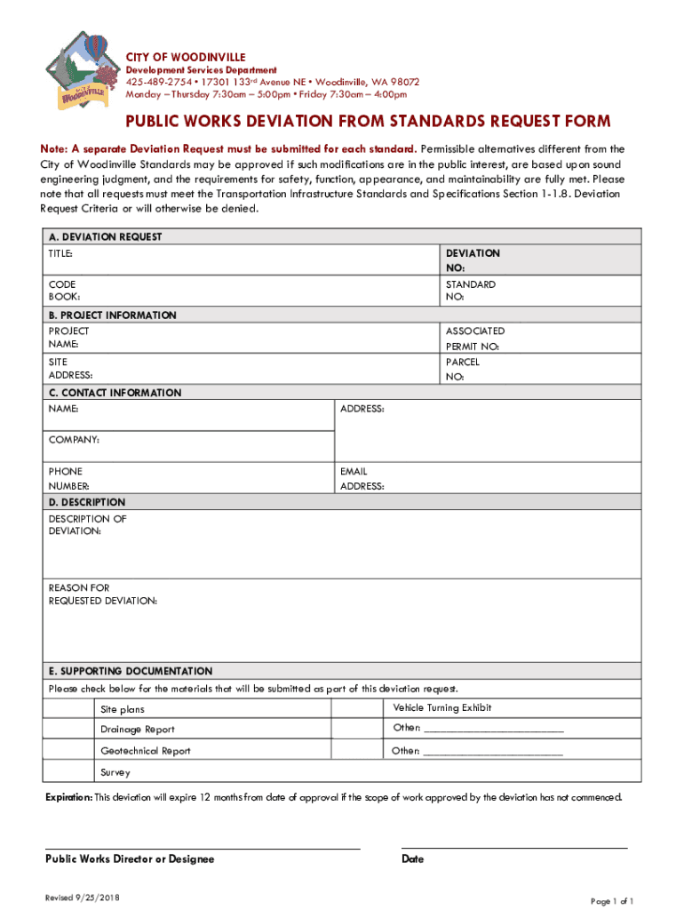 Fillable Online PUBLIC WORKS DEVIATION FROM STANDARDS REQUEST FORM Fax ...