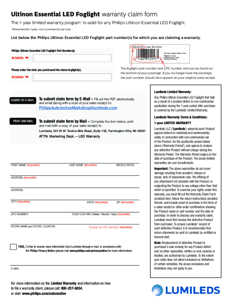 Philips Ultinon Essential LED Foglight Warranty Claim Form - Blank ...