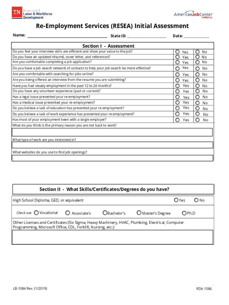 Fillable Online Re-Employment Services (RESEA) Initial Assessment. LB ...