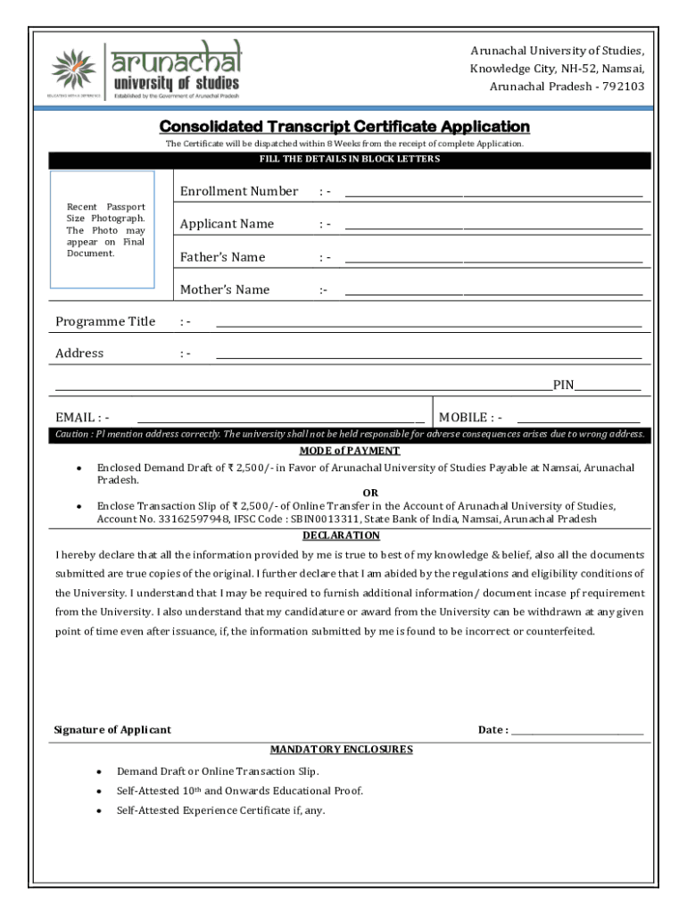 Fillable Online Consolidated Transcript Certificate Application Fax ...
