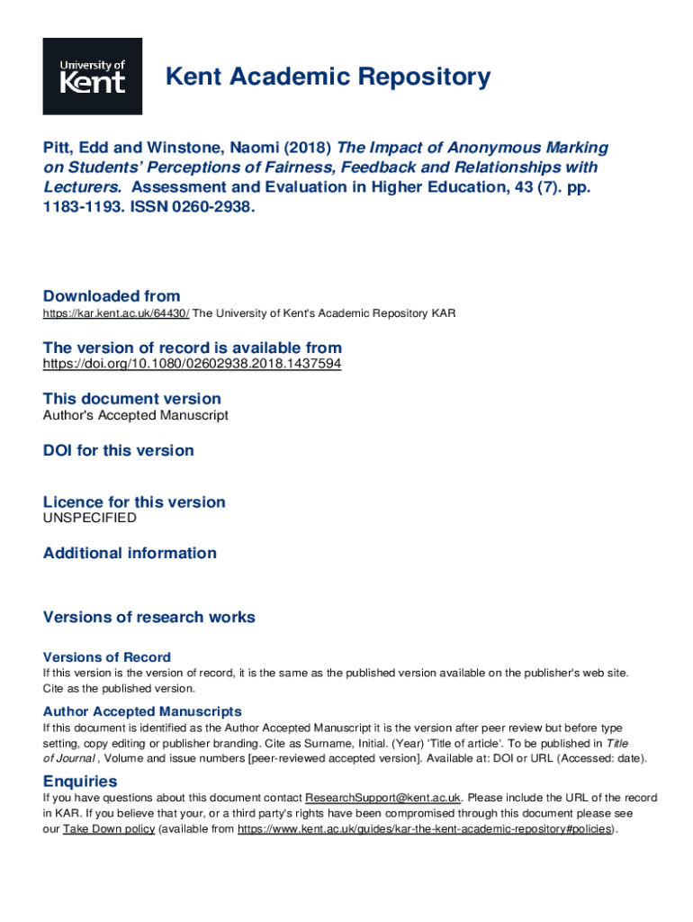 Fillable Online kar kent ac The Impact of Anonymous Marking on Students Perceptions of ... Fax ...