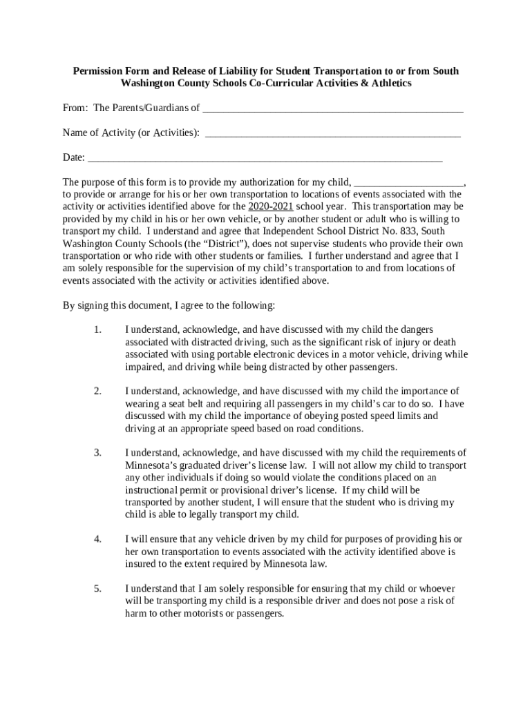 Permission and Release of Liability for Student Transportation to or ...
