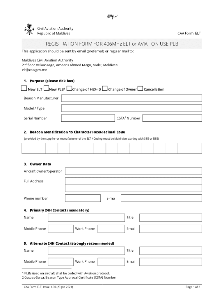 Fillable Online REGISTRATION FORM FOR 406MHz ELT or ... Fax Email Print - pdfFiller
