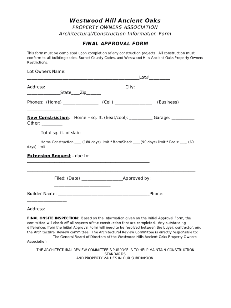 ARC Initial Approval - Westwood Hills/Ancient Oaks Doc Template | pdfFiller