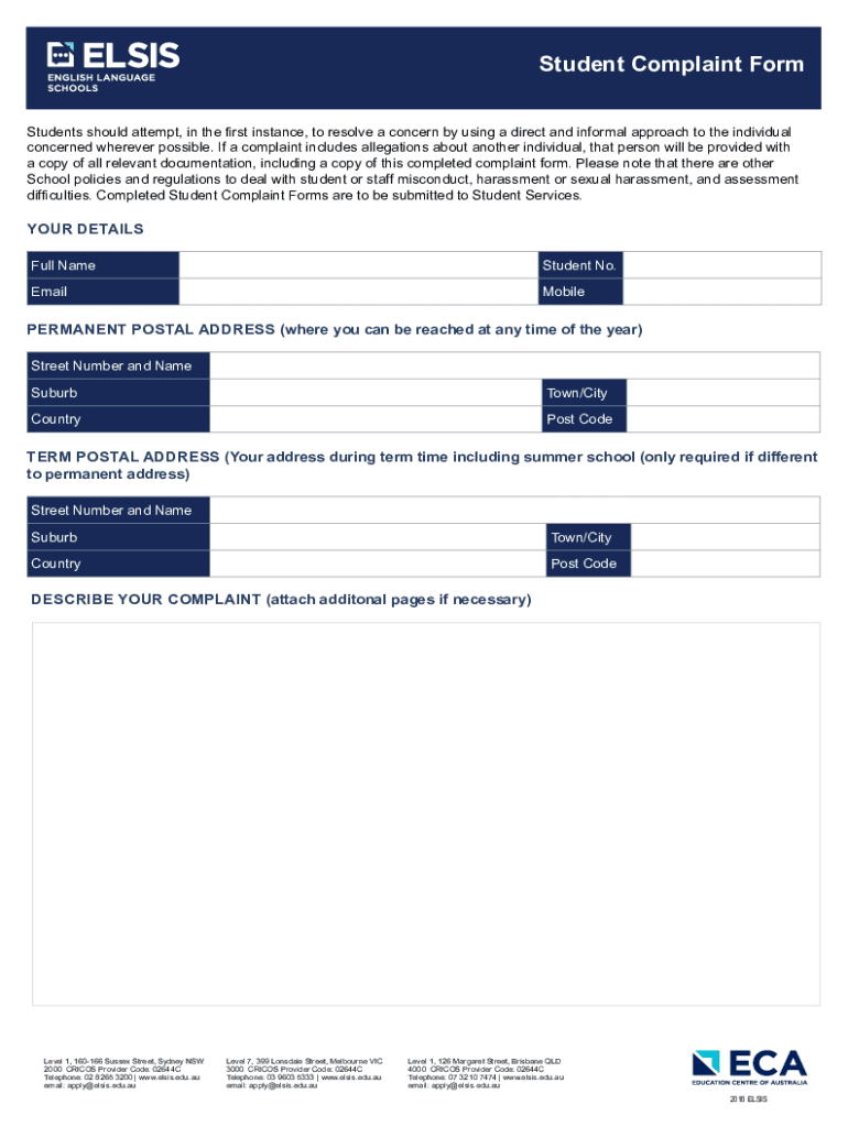 Fillable Online Student Complaint Form ELSIS Fax Email Print - pdfFiller