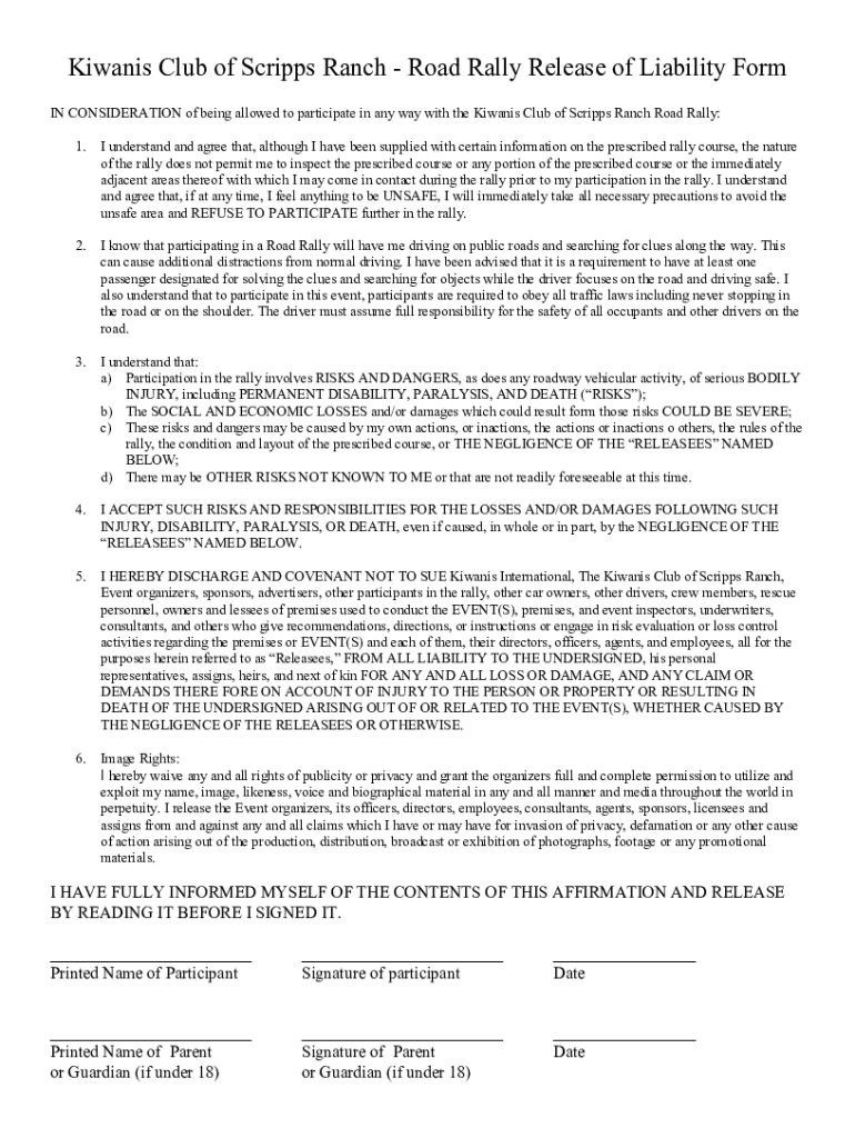 Fillable Online Kiwanis Club of Scripps Ranch - Road Rally Release of ...