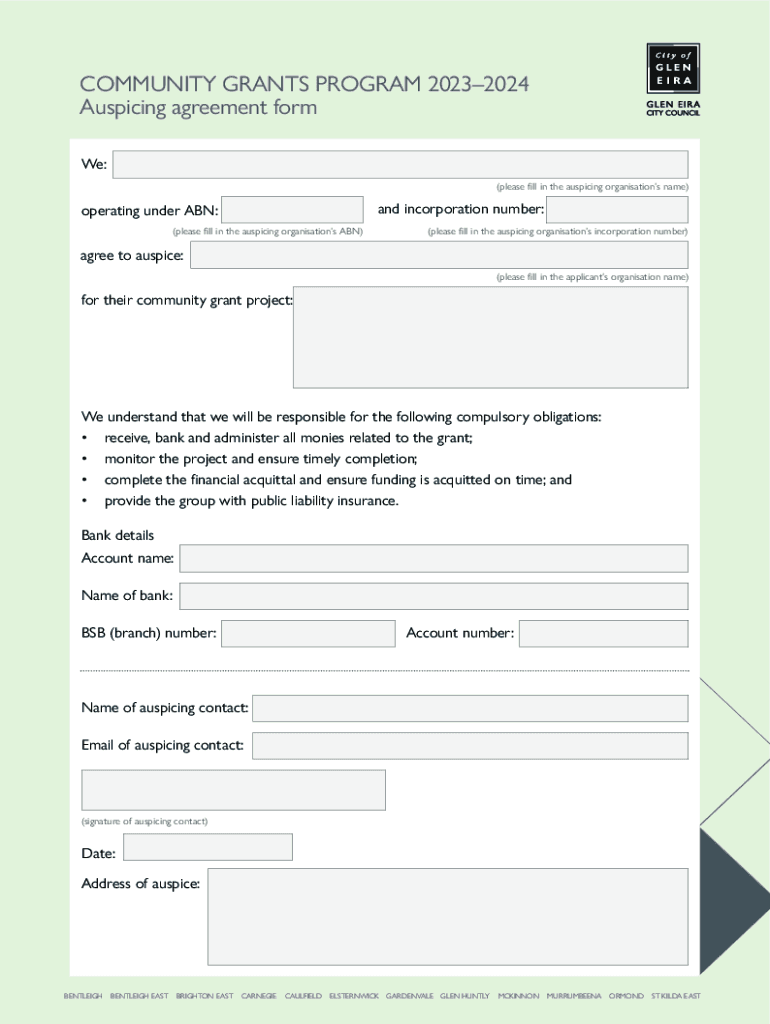 Fillable Online Community Grants Program Auspicing agreement form Fax Email Print - pdfFiller