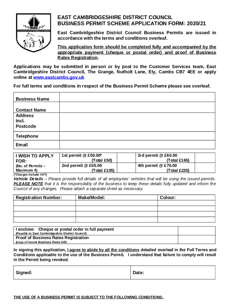 Application for business parking permits - eastcambs gov Doc Template | pdfFiller