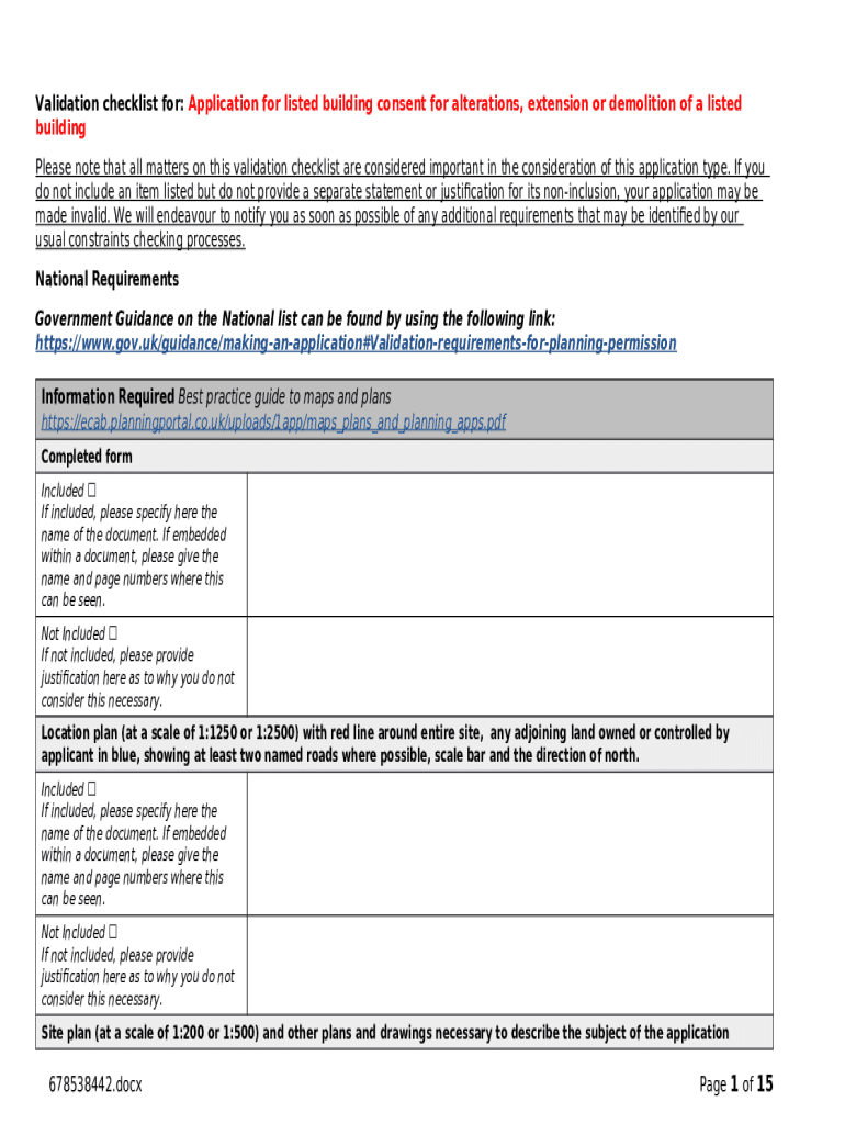 Application for Listed Building Consent Validation Checklist Doc ...