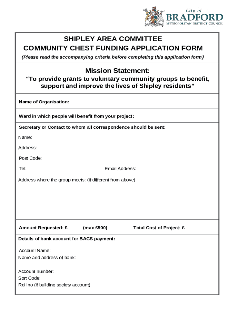 Shipley Community Chest Application Doc Template | pdfFiller