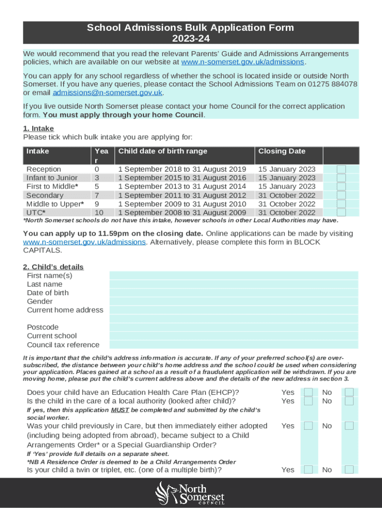 School Admissions Bulk Application 2023-24 Doc Template | pdfFiller