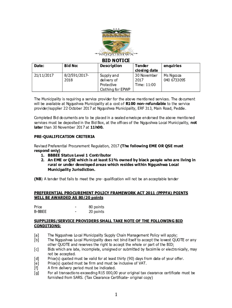 Fillable Online ngqushwamun gov Supply and delivery of Protective ...