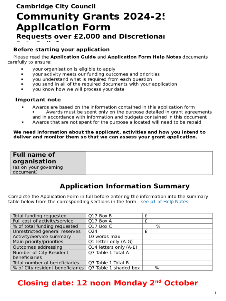 Community Grant application - Cambridge City Council Doc Template | pdfFiller