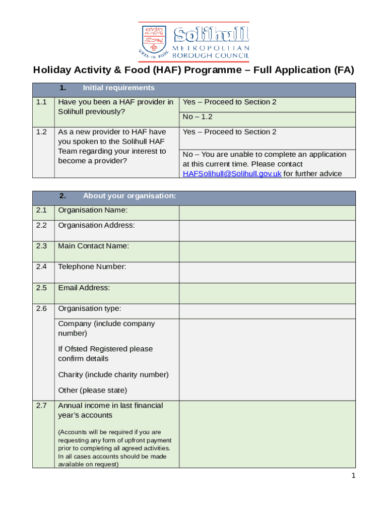 Holiday Activity & Food (HAF) Programme - Full Application (FA) Doc Template | pdfFiller
