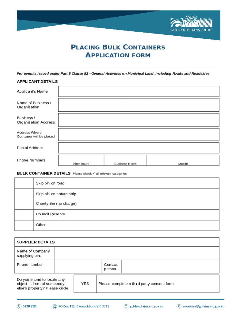 Placing Bulk Containers Application Doc Template | pdfFiller