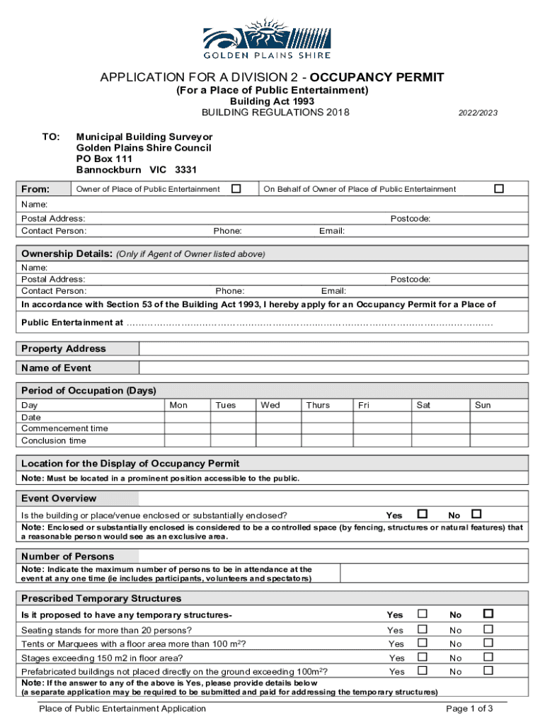 Fillable Online application for a division 2 - occupancy permit Fax ...