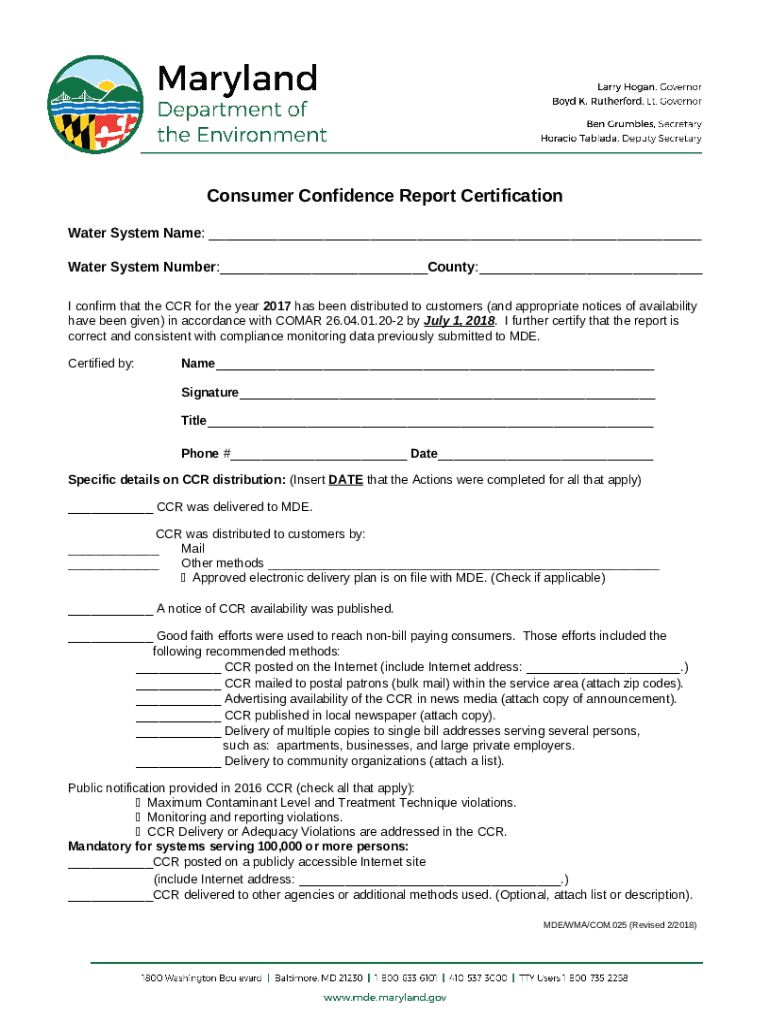 Consumer Confidence Report Certificate of Distribution - mde maryland ...