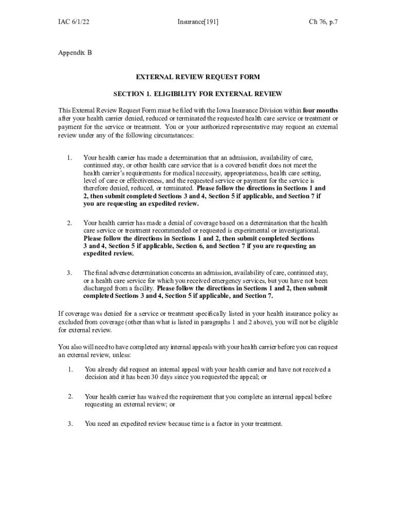 Fillable Online IAC 6/1/22 Insurance191 Ch 76, p.7 Appendix B EXTERNAL ... Fax Email Print ...