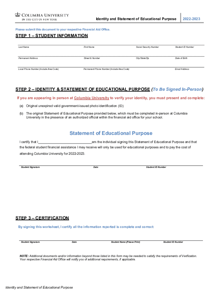 Fillable Online STEP 2 IDENTITY & STATEMENT OF EDUCATIONAL PURPOSE (To ...