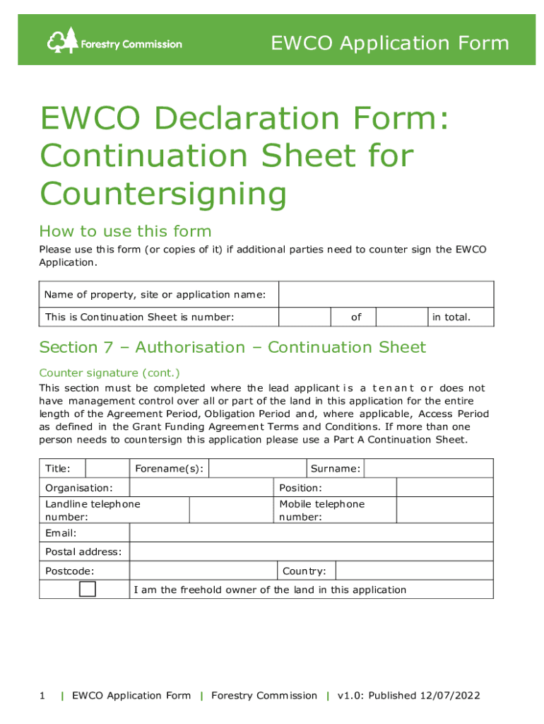 Fillable Online EWCO Declaration Form: Continuation Sheet for ... Fax ...