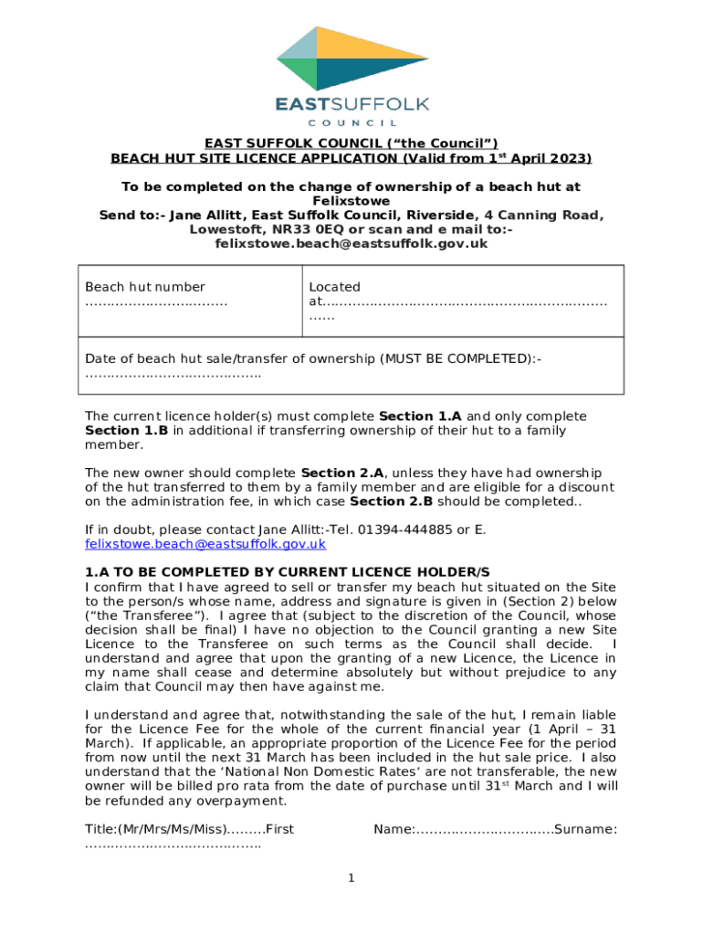 Application for a new beach hut licence Doc Template | pdfFiller