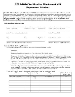 Fillable Online 2023-2024 Verification Worksheet V-5 Dependent Student Fax Email Print - pdfFiller