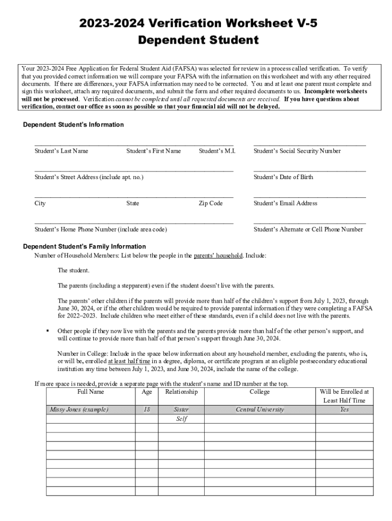 Fillable Online 2023-2024 Verification Worksheet V-5 Dependent Student Fax Email Print - pdfFiller