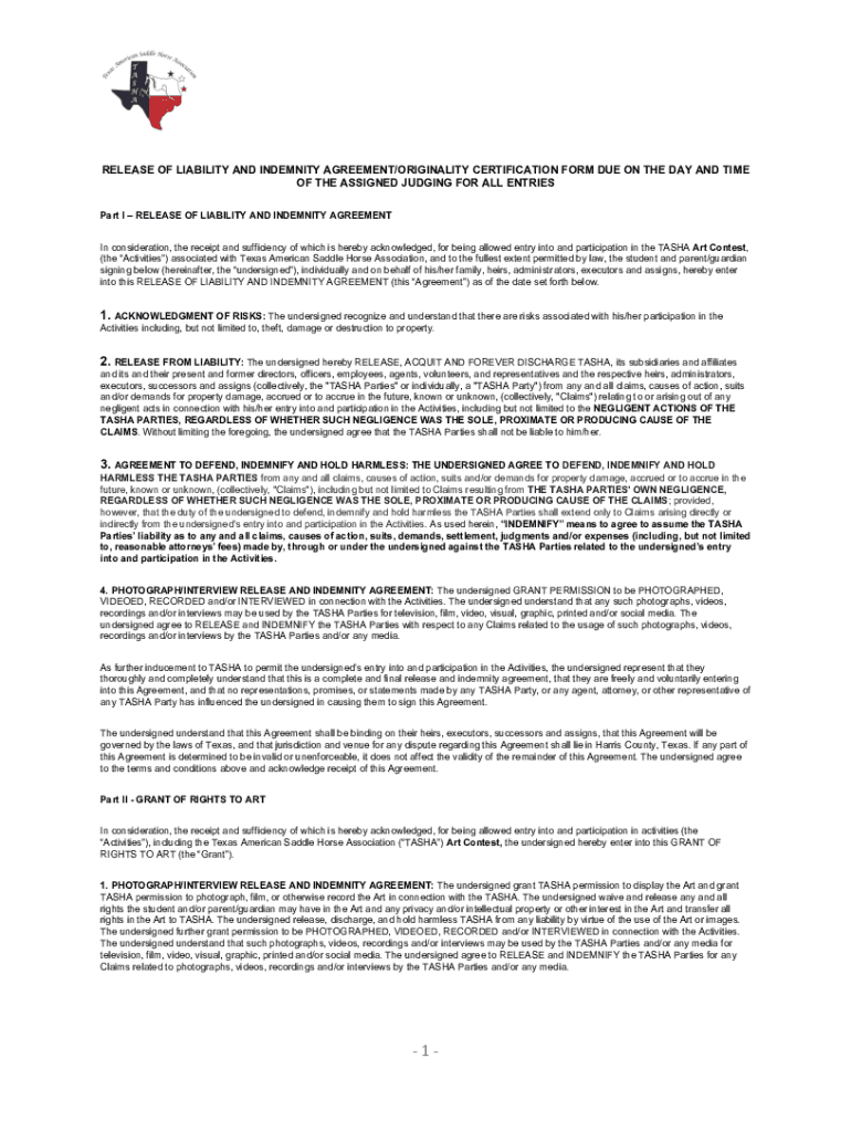 Fillable Online RELEASE OF LIABILITY AND INDEMNITY AGREEMENT TASHA 2023 ...