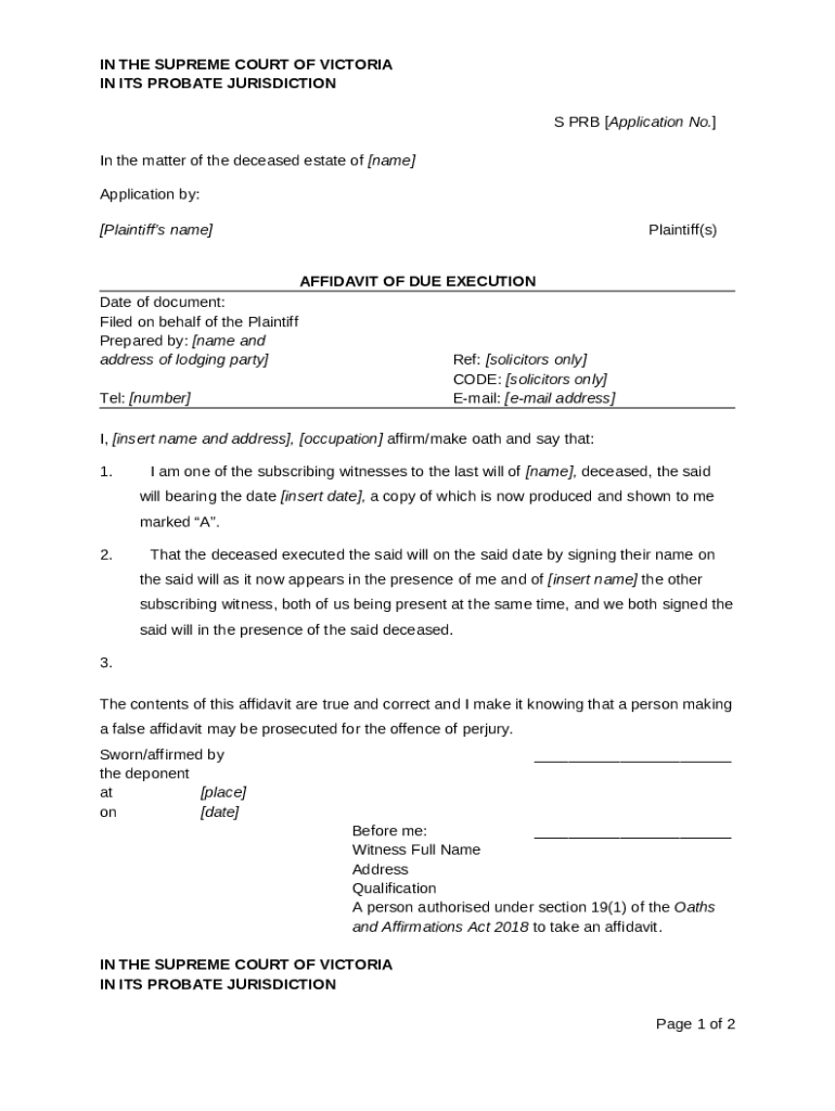 Affidavit of due execution - Supreme Court of Tasmania Doc Template ...