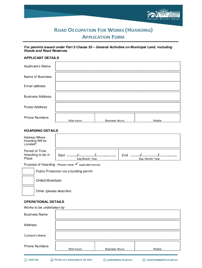 Fillable Online Road Occupation for works (hoarding) application form ...