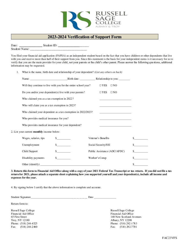 Fillable Online 2023-2024 Verification of Support Form Fax Email Print ...