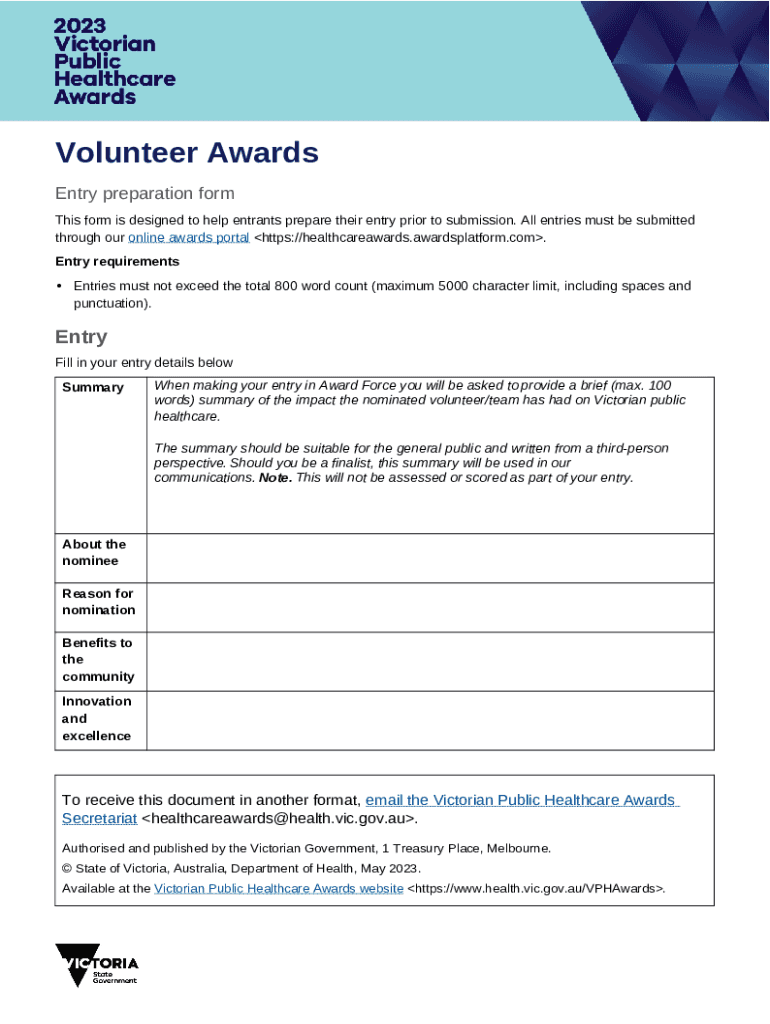 2023 Victorian Public Healthcare Awards - Volunteer entry preparation ...