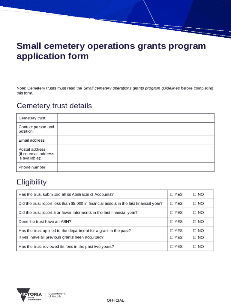Small cemetery operations grants program application . Class B cemetery trusts Doc Template ...