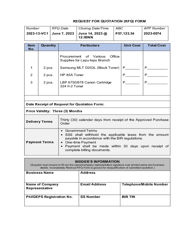 Fillable Online Request for Quotation (RFQ) Form Number 2023-13-VC1 Fax ...