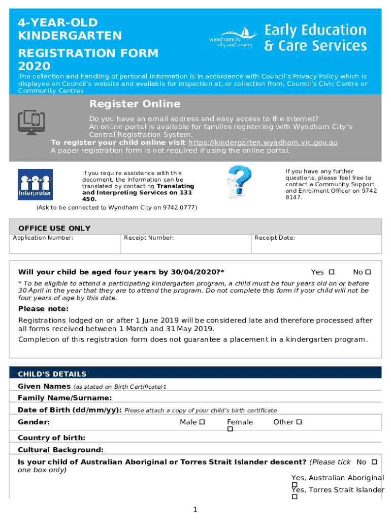 4-year-old kindergarten registration 2020 Doc Template | pdfFiller