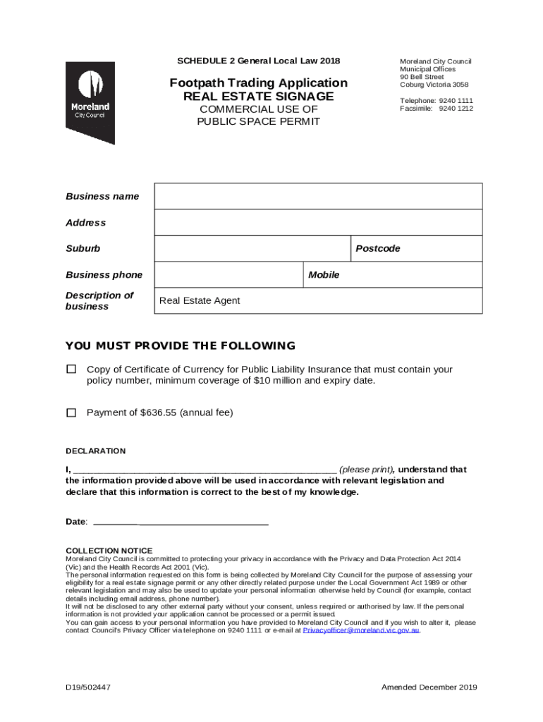 Footpath Trading Application REAL ESTATE SIGNAGE Doc Template | pdfFiller