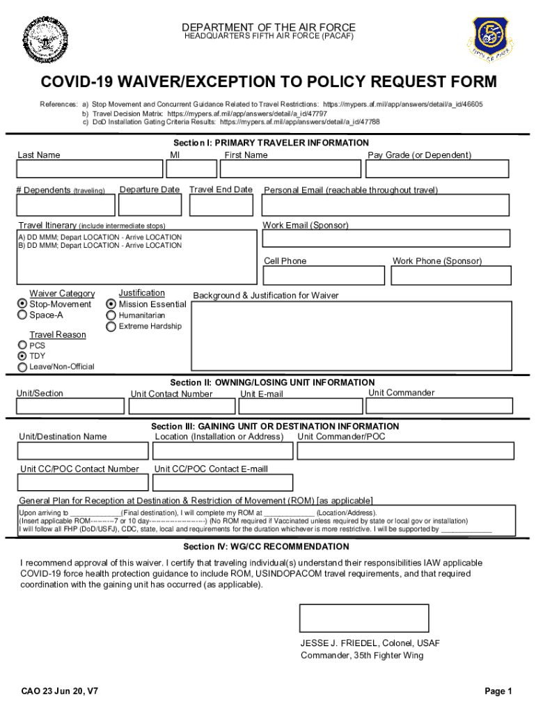 Fillable Online COVID-19 WAIVER/EXCEPTION TO POLICY REQUEST FORM Fax ...