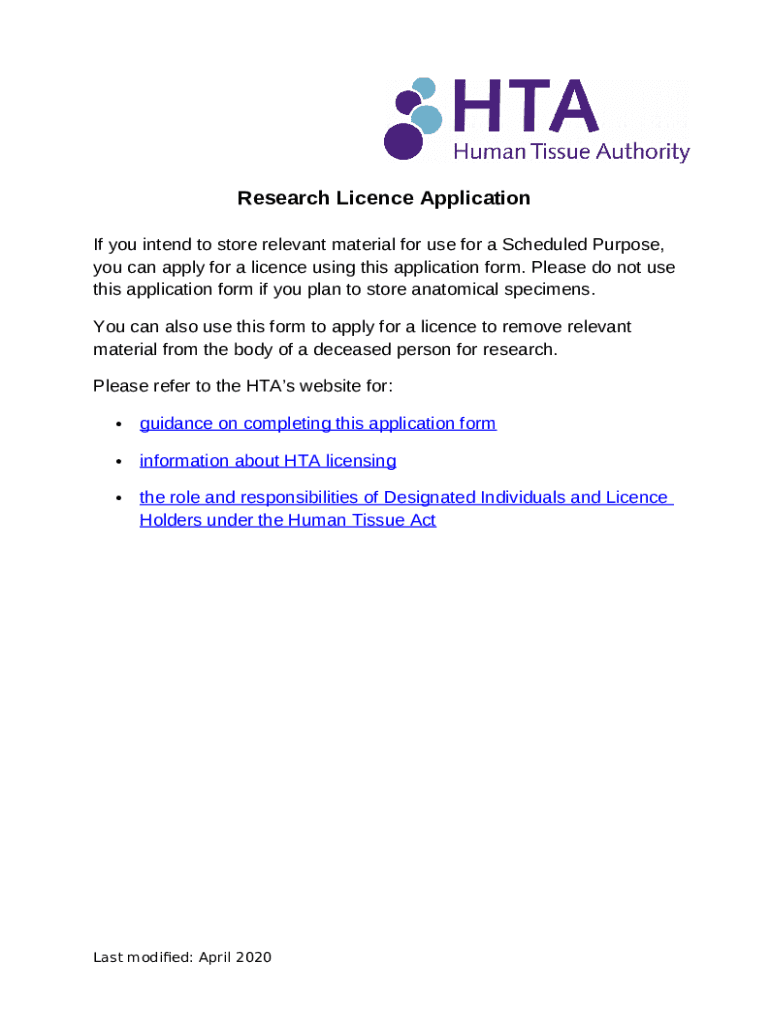 HTA-TEM-032 Research Licence Application Doc Template | pdfFiller