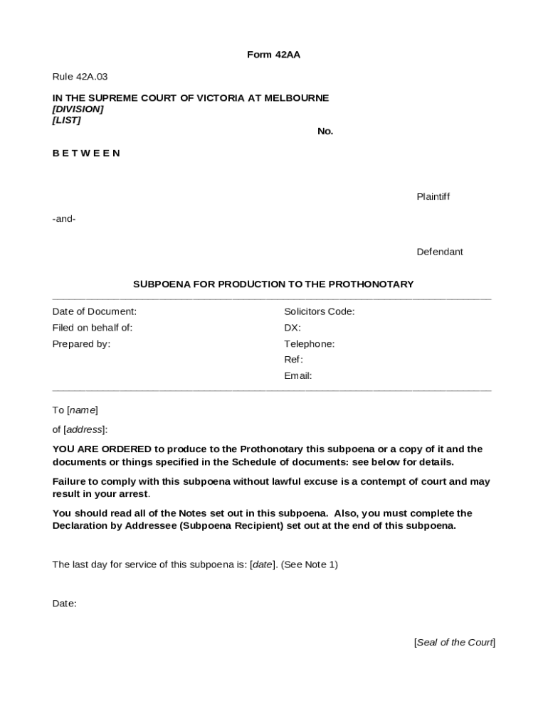 42AA - Subpoena for production to the Prothonotary ( ... Doc Template ...