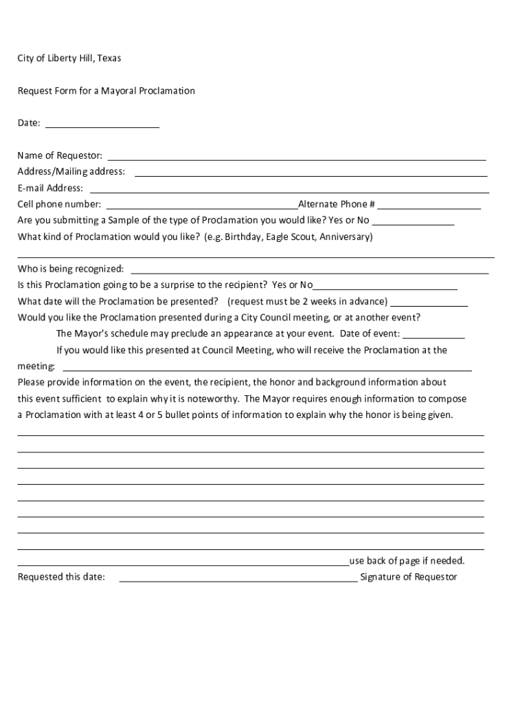 Fillable Online City of Liberty Hill, Texas Request Form for a Mayoral ...