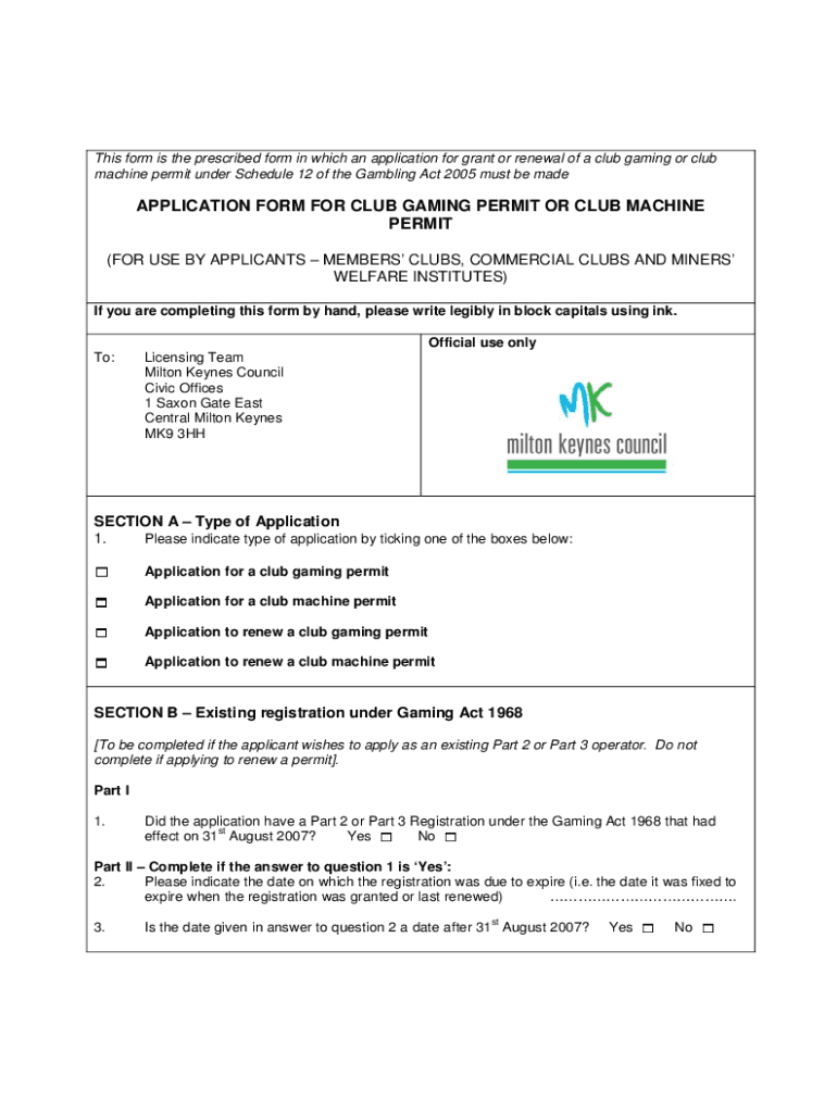 Fillable Online application form for club gaming permit and club ...