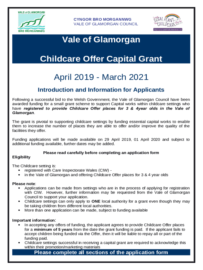 Childcare offer - capital grant application 2019 Doc Template | pdfFiller