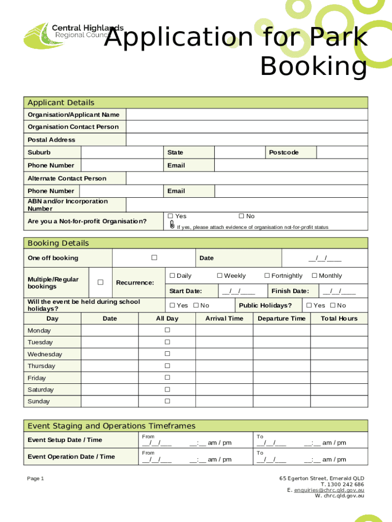 Application for Park Booking Doc Template | pdfFiller