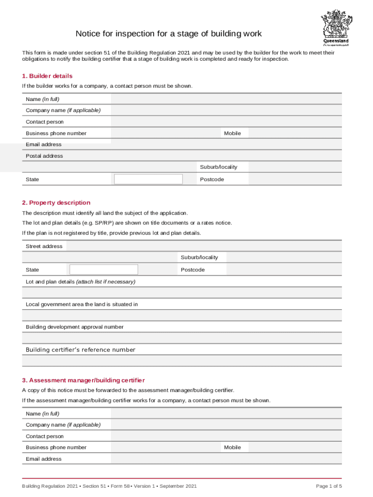 58 Notice for inspection for a stage of building work. 58 Notice for ...