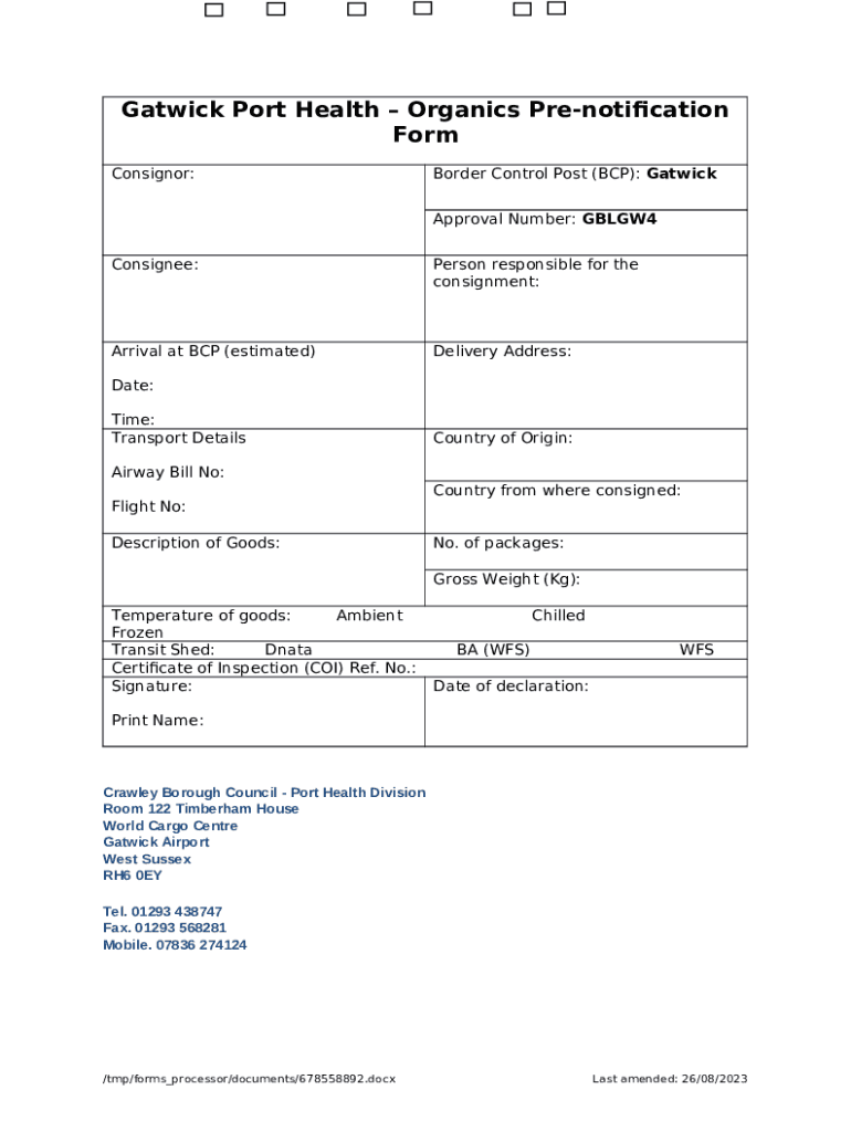 Gatwick Port Health Organics Pre-notification Doc Template | pdfFiller